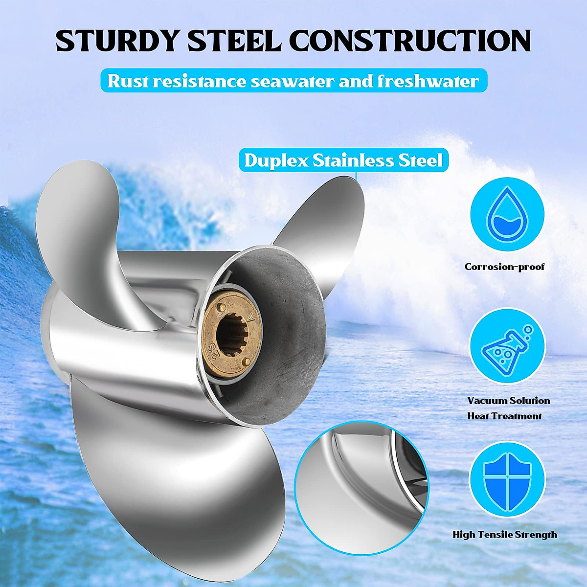 Qiclear OEM Upgrade 10.25 x 16 Vengeance Style Stainless Steel Outboard Propeller for Mercury Engines 40-60 HP Reference No.48-16986, 13 Spline Tooth, RH