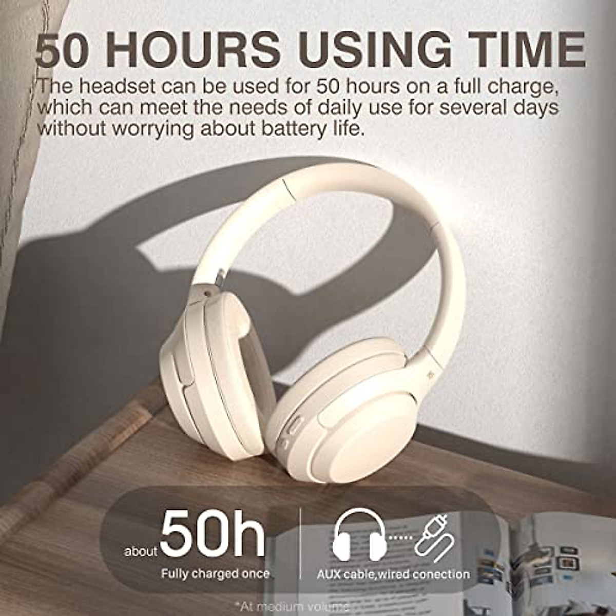 iKF T1-Wireless Wired Headphones Call Noise Cancelling Bluetooth Headset Bass Stereo Sound 50 Hours Using Time Built-in Microphone Pairing 2 Devices Compatible iOS/Android (Off-White)