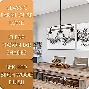 Kira Home Stapleton 25" 3-Light Modern Farmhouse Kitchen Island Light + Jar Style Glass Shades, Smoked Birch Wood Style + Black Finish