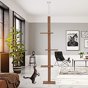PawHut Floor-to-Ceiling Cat Tree Cat Climbing Tower with Sisal-Covered Scratching Posts Natural Cat Tree Activity Center for Kittens Cat Tower Furniture, Brown