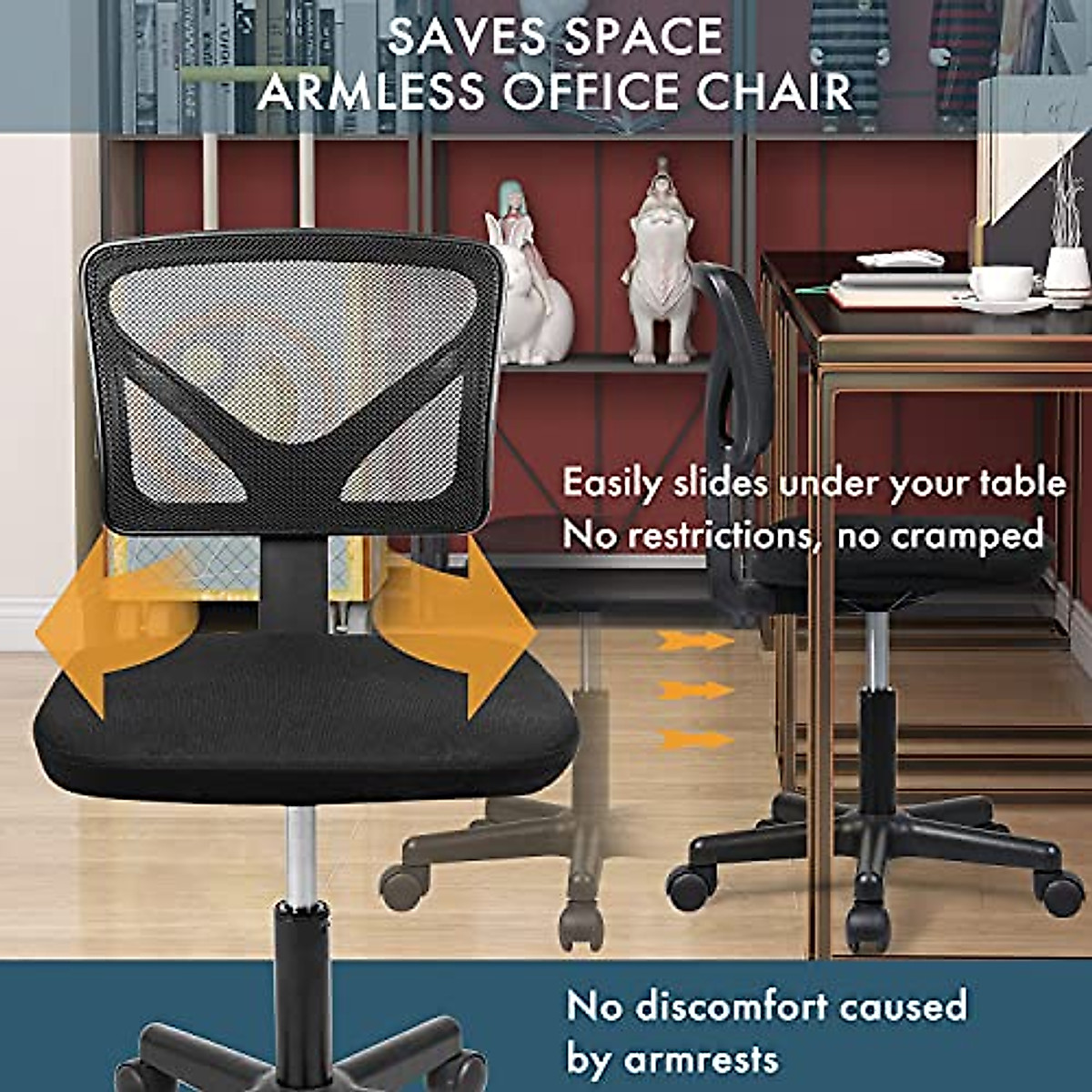 Yangming Desk Chair, Armless Office Mesh Computer Desk Chair Swivel Small Desk Chair Adjustable Black Task Chair No Armrest Mid Back Home Office Chair Perfect for Small Spaces