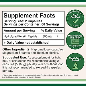 Keratin Hair Growth Vitamin (500mg per Serving, 120 Pills) Keratin Hair Treatment for Men and Women (Vital Protein for Hair, Skin, and Nails) Vitaminas para El Cabello, Vegan Safe by Double Wood