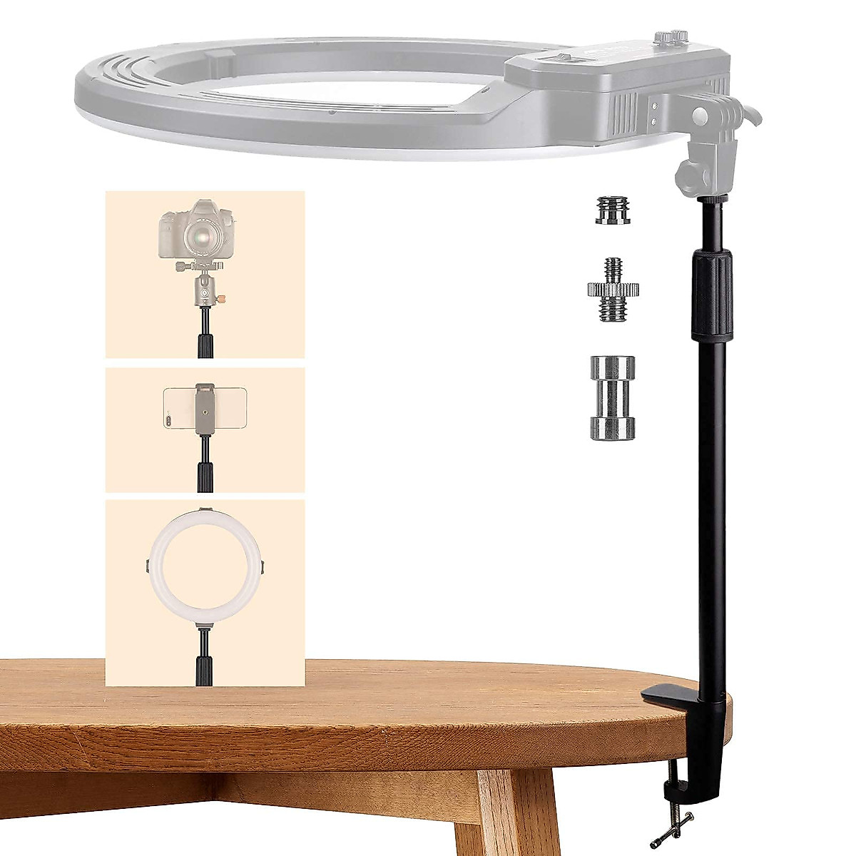 TARION Desktop Light Stand with 1/4" 3/8" Screws for Ring Light Tabletop Mount L Shape Clip Stand Adjustable 14-25in/35-64cm for Live Streaming Photograpghy Videograpghy Film Shooting Virtual Meetings