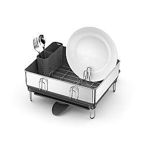 simplehuman Kitchen Compact Steel Frame Dish Rack with Swivel Spout Fingerprint-Proof Stainless, Grey Plastic