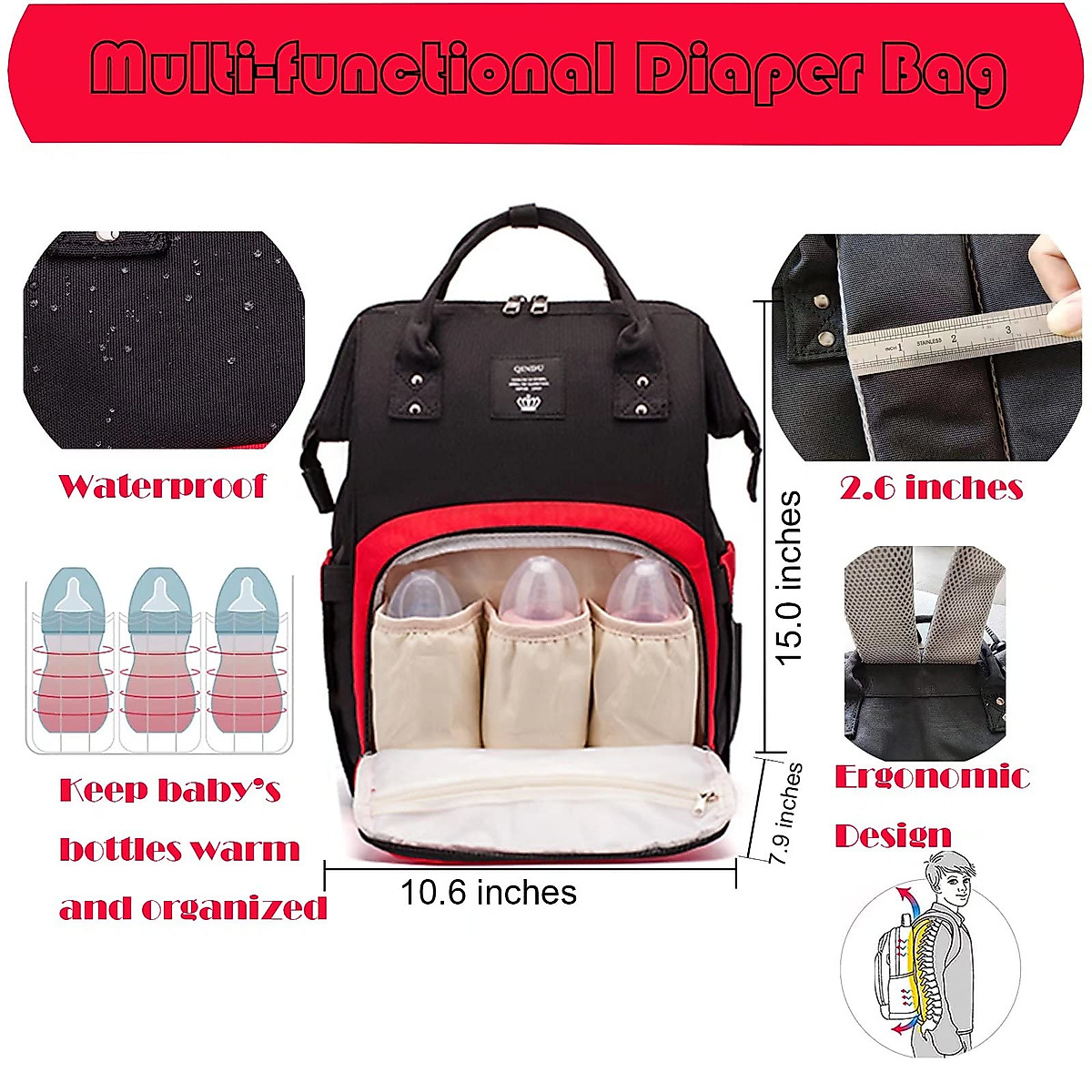 Cinkerr Cute Diaper Bag Backpack for Baby Girls/Boys, Personalized Polka Dot Large Capacity Travel Backpack with USB Port for New Moms/Dads,Baby Shower Gifts,Red White Printed Fashion Waterproof Tote
