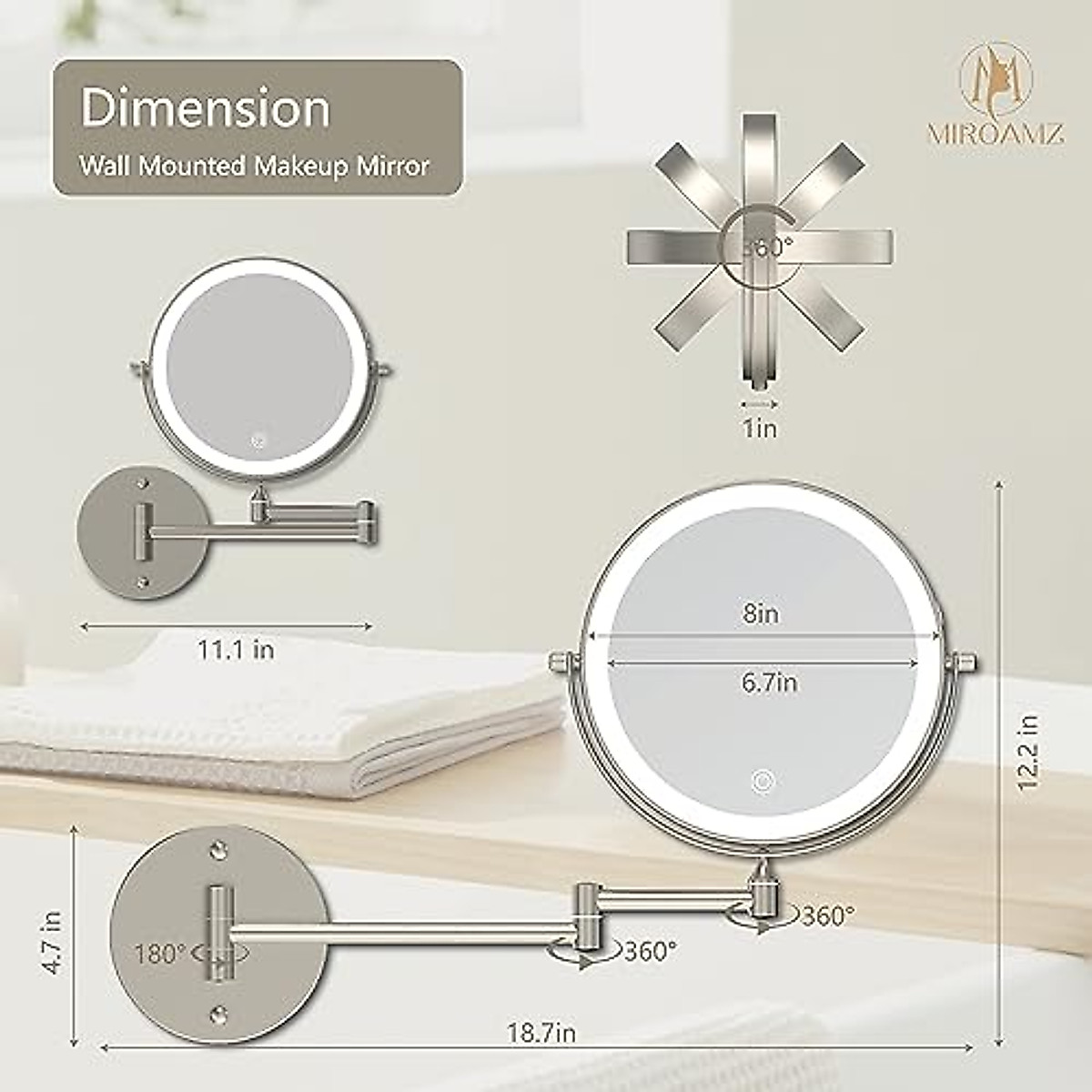 MIROAMZ Rechargeable Wall Mounted Lighted Makeup Vanity Mirror 8 Inch Double Sided 1X 10X Magnifying Bathroom Mirror, 3 Color Lighting, Touch Screen Dimming, 360 Rotation Shaving Mirror Brushed Nickel