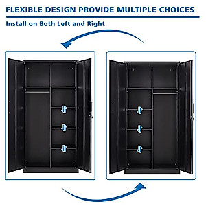 BYNSOE Metal Storage Locker Cabinet,Metal Locker 72” Black Tall Steel Wardrobe,Employees Locker with Hanging Rod,Shelves and Lockable Doors for Home, School, Office - Assembly Required (Black-Style 3)