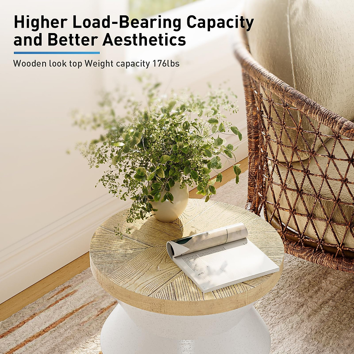 SUNBURY White Outdoor Side Table, 14" Concrete Side Table Accent Table, Round Marble Side Table Drum Table, Garden Stool Plant Stand End Table for Patio, Deck, Poolside