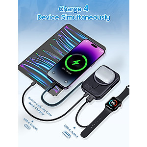 Ceftydy Magnetic Wireless Portable Charger, 10000mAh Battery Pack with USB-C Cable & LED Display, Built-in Lightning Cable, Magnetic Power Bank 20W PD Fast Charging for iPhone 15/14/13/12 Series