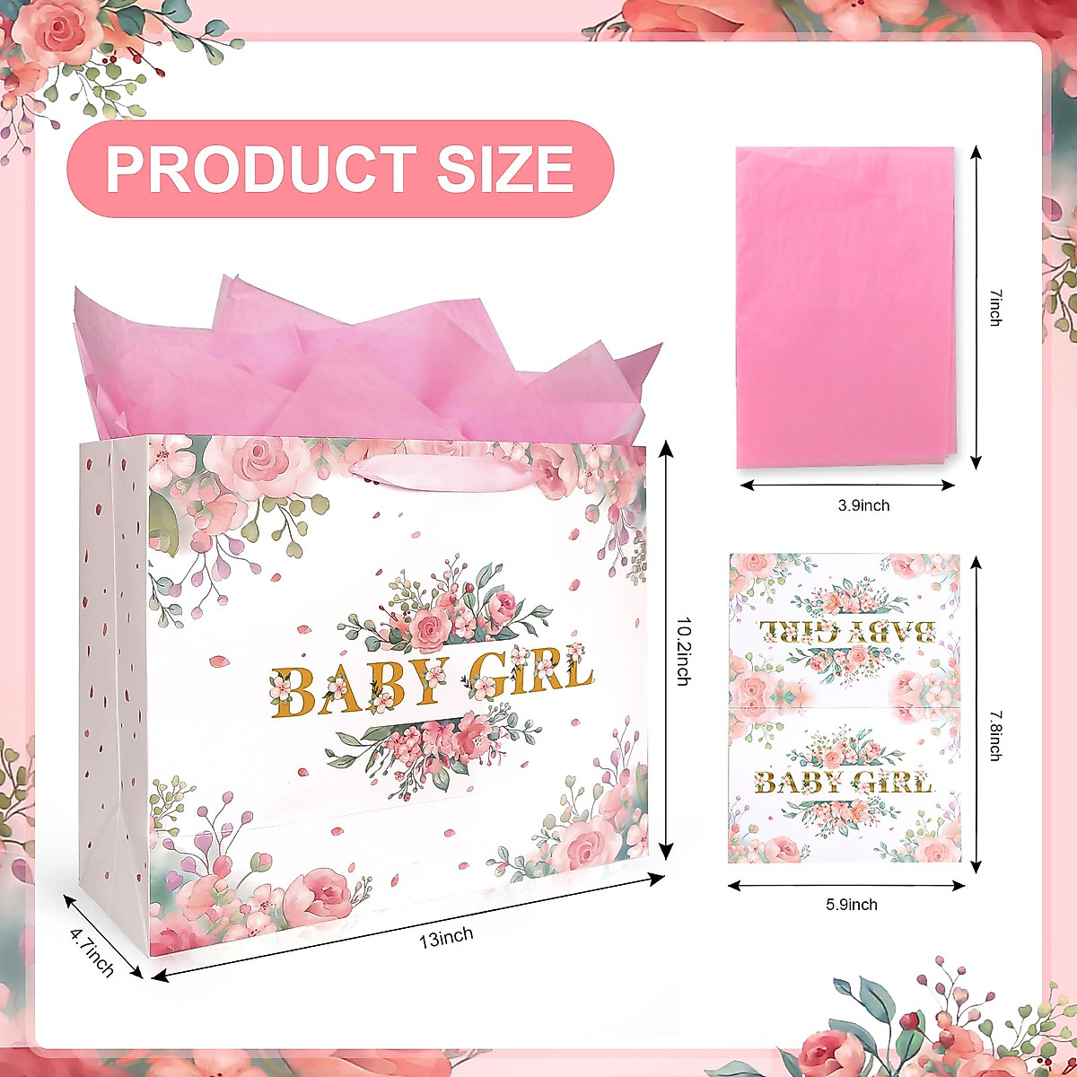 13'' Large Pink Floral Gift Bag for Baby Girl - Includes Wrapping Paper, Pink Tissue Paper, and Card for Newborn Gifts, Showers, Birthdays, and Celebrations
