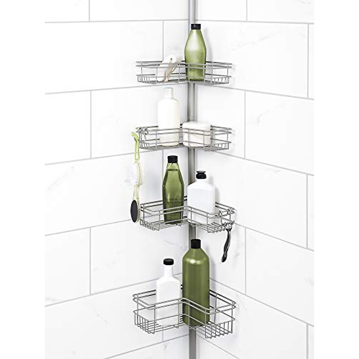 Zenna Home Tension Pole Shower Caddy, Satin Nickel & Expandable Over-The-Shower Caddy, Chrome