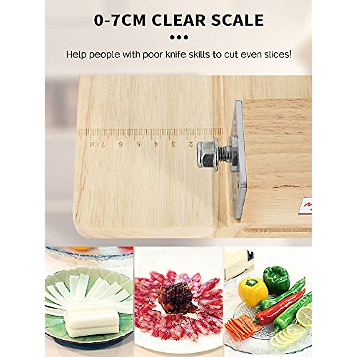 Moongiantgo Biltong Slicer Beef Jerky Cutter with Built-in Knife Sharpener Manual Meat Slicer Rubber Wood Base for Deli Bacon Ham Sausage Fruits Vegetables Herb Ginseng Pastry