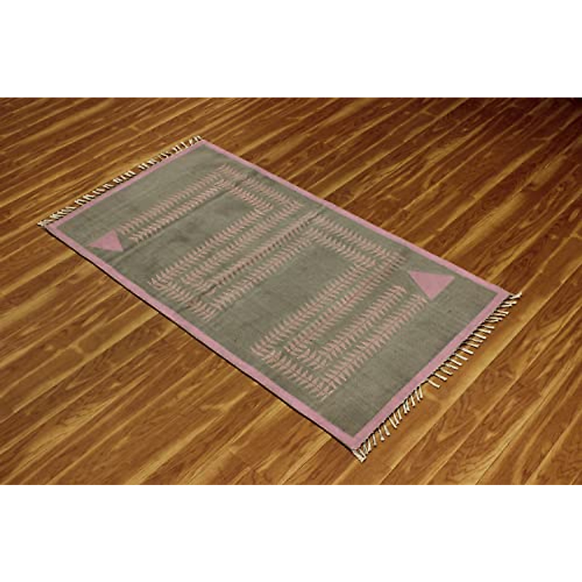 Casavani Hand Block Printed Area Rug Geometric Green & Pink Cotton Dhurrie Washable Kitchen Rugs with Tassels for Bedroom,Laundry,Living Room,Porch 4x6 5x8 2x3 Feet