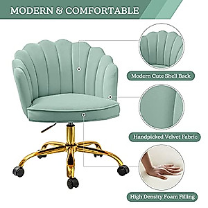 HULALAHOME Velvet Home Office Chair with Gold Base, Womans Modern Cute Shell Back Upholstered Desk Chair for Vanity, Adjustable Swivel Task Chair for Living Room,【SAGE Chair for Desk】