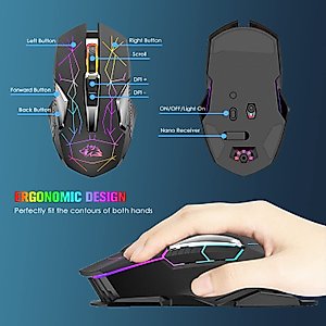 FELICON Wireless Gaming Mouse, Rechargeable Silent Click Adjustable DPI Optical Computer Mice, 2.4Ghz Wireless Mouse with Colorful LED Backlit for Windows/Mac/Linux/PC/Laptop(Star Black)