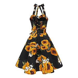 Topdress Women's Vintage Polka Audrey Dress 1950s Halter Retro Cocktail Dress Black Sunflower M