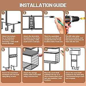 CENLEN Towel Racks for Bathroom Wall Mounted with 4 Hooks, Bathroom Towel Holder with Floating Shelves, Rolled Towel Shelf Organizer for Small Bathroom, Sturdy Metal & Wood, Black