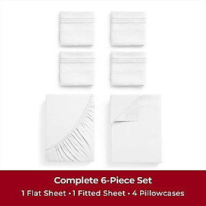 Mellanni Full Sheet Set - 6-Piece Iconic Collection Bedding, (Including 4 Pillowcases), 16-Inch Deep Pocket, Easy Care, Extra Soft, Cooling Sheets, Brushed Microfiber - White