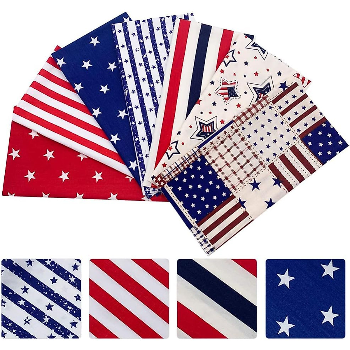 AMORNPHAN 7pcs 4th of July Cotton Fabric Squares Patriotic American Flag Strips Decoration Print Quilting Bundles Fat Quarters for DIY Craft Sewing Patchwork Needlework 16x20 Inches