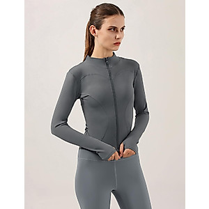 Locachy Women's Lightweight Stretchy Workout Full Zip Running Track Jacket with Thumb Holes Grey L