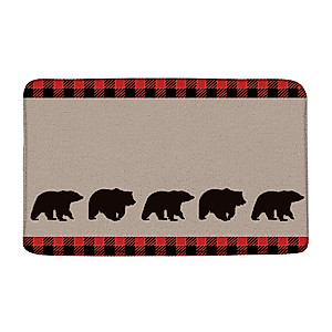 LIVEFUN Black Bear Plaid Bath Mat Camping Cabin Wildlife Bear Silhouettes Red Black Buffalo Check Vintage Farm Rustic Microfiber Memory Foam Bathroom Rugs,16X24Inch