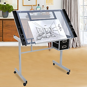 F2C Rolling Drawing Desk Craft Station Art Craft Hobby Drafting Table Desk Glass Top with Drawers