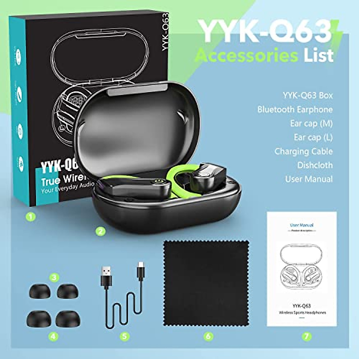Wireless Earbuds Bluetooth Headphones,Vanzon IPX7 Waterproof Over Ear Earphones for 48Hrs Play Back Sport Earphones,with LED Charging Case&Earhooks Built-in Mic Headset Workout, Green