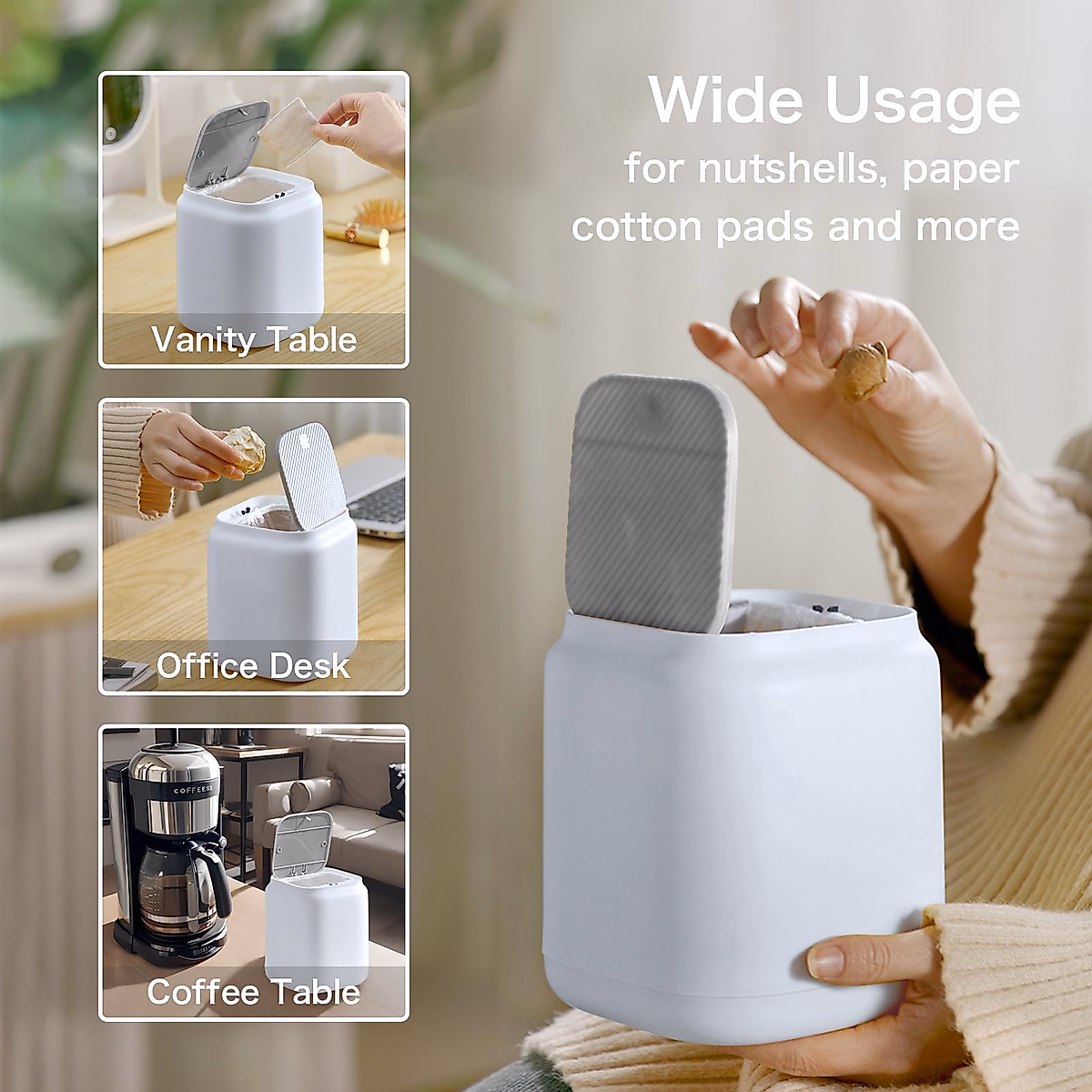 ABEETE Mini Countertop Trash Can with Press Top Lid, 0.66 Gal Small Garbage Can Pop-Up for Desk, 2.5L Tiny Wastebasket Cute Dog Proof Trash Bin for Baby Bedroom, Bathroom Vanity Top, RV-White