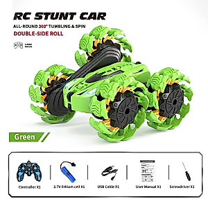 Remote Control Car Rc 4wd Toy Stunt Car 360 Rotate Double Side, High Speed 2.4GHZ Remote Controlled, Car for Ages 6+ (Green)