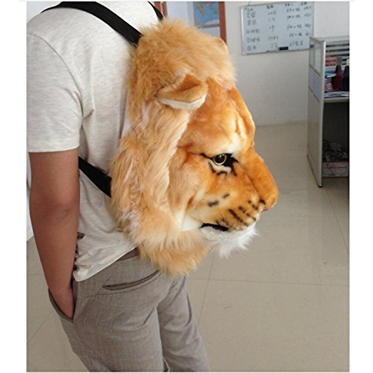 LANFIRE Domineering backpack stuffed tiger head 3D simulation personalised shoulder Bag Animal head shoulders bag (large, lion)