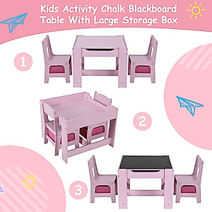 Arlopu Kids Table and 2 Chairs Set, 3-in-1 Wooden Activity Table, w/Detachable Storage Drawer, Drawing Reading Black Board Desk, Art Craft, Playroom, Nursery (Natural)