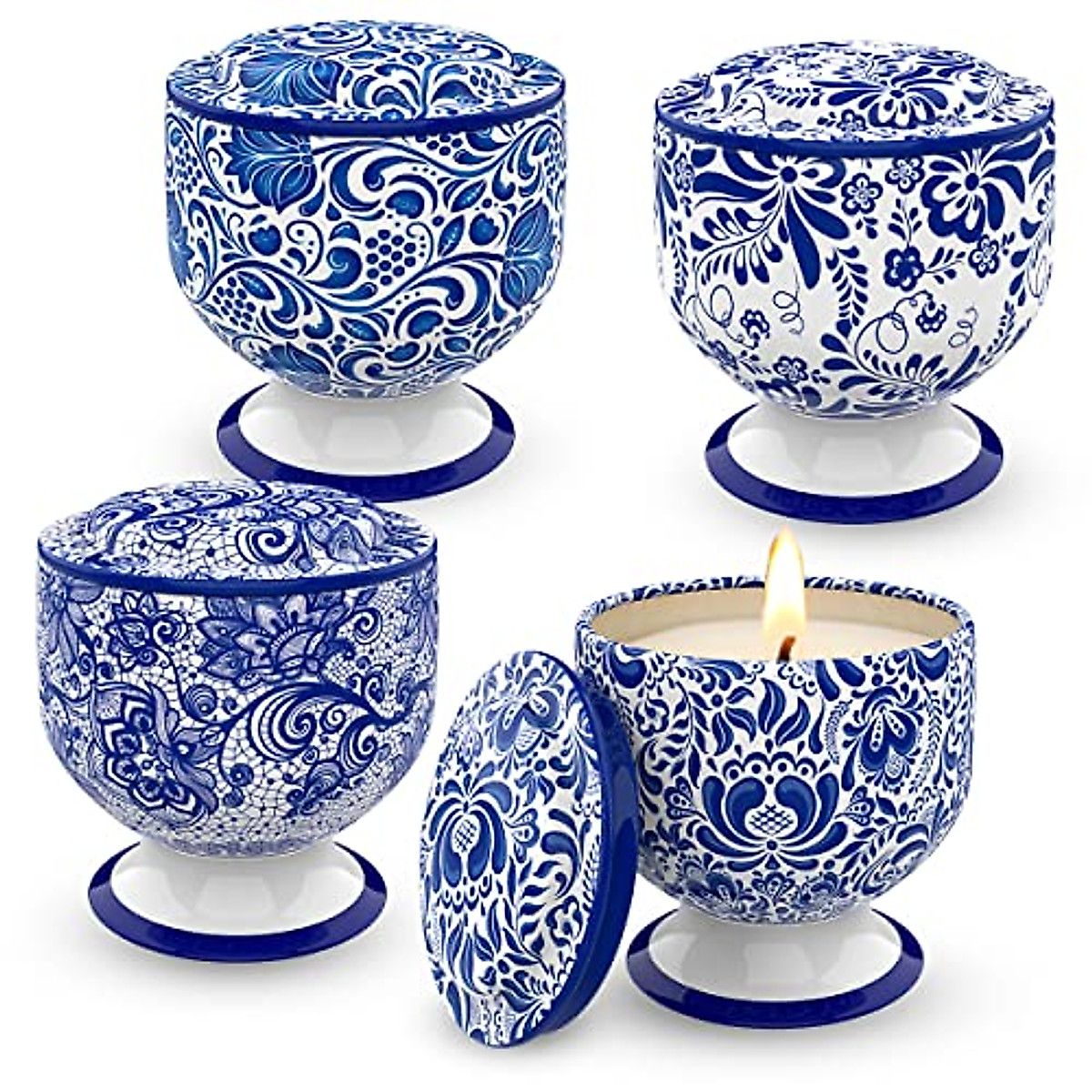 Christmas Scented Candles Gift Set for Home Women Soy Wax Freesia, Vanilla, Rosemarry&Lavender, Cedar&Amber&Musk Aromatherapy Candles in Blue and White Tins, Set of 4