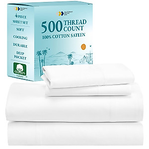 California Design Den 500 Thread Count 100% Cotton Sheets, 4 Piece Queen Size Sheet Set, Cooling Deep Pocket Bed Sheets with Fitted Elastic Sheet, Extra Soft Luxury Hotel Quality - White Sheets