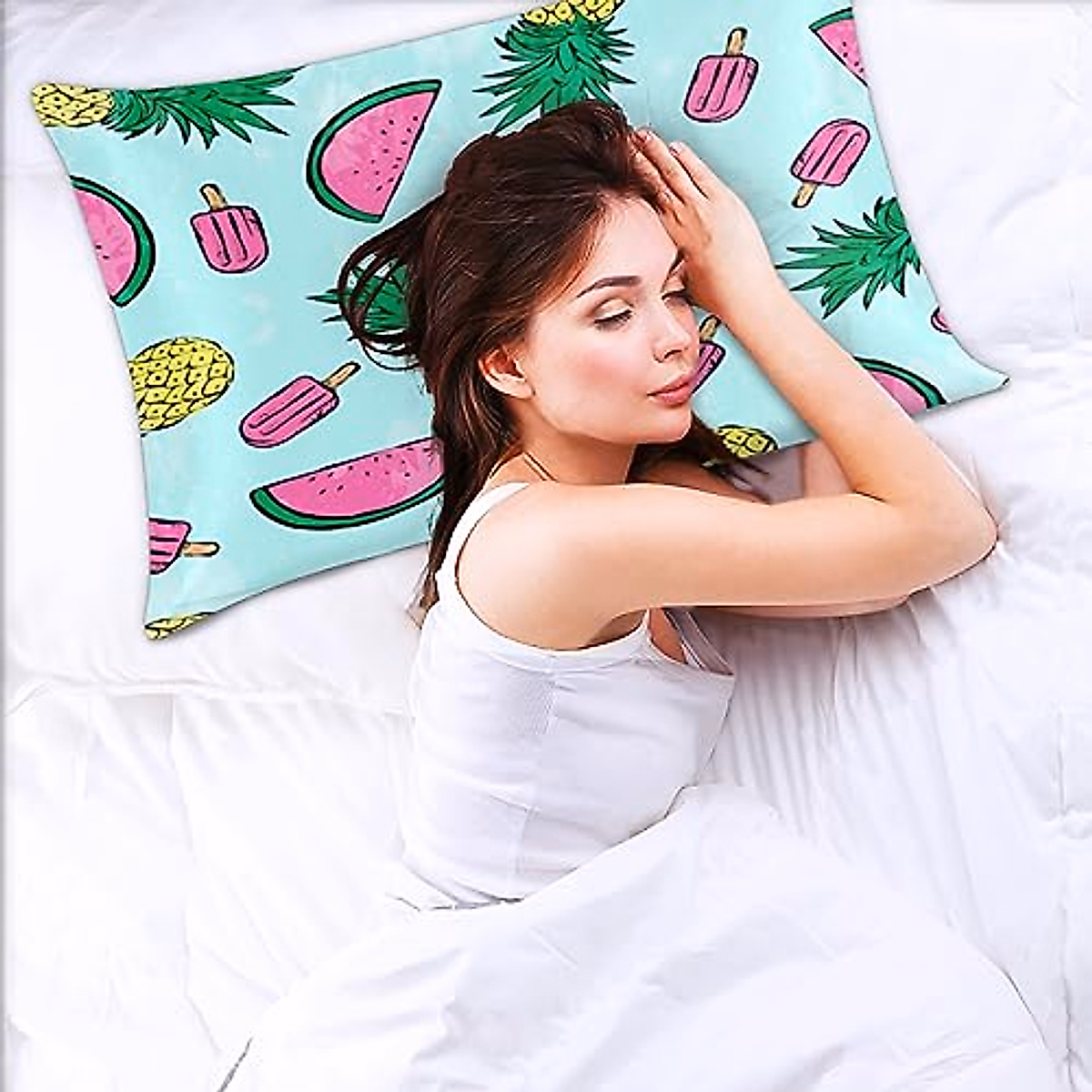 Pineapple Watermelon Popsicle Satin Pillow Cases Silk Satin Pillowcase for Hair and Skin Standard Set of 2 Super Soft Silk Pillowcase with Envelope Closure (20x26 in)