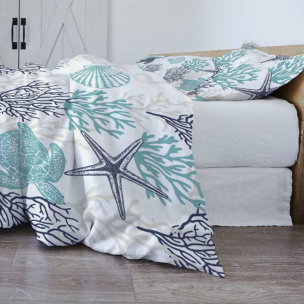 Lsrtoss Teal Blue Coastal Queen Duvet Cover Set for All Season, Sea Turtle Nautical Coral Summer Beach Microfiber 3 Piece Bedding Set with 2 Pillowcases & 1 Quilt Cover, 90" W x 92" L, Queen Size