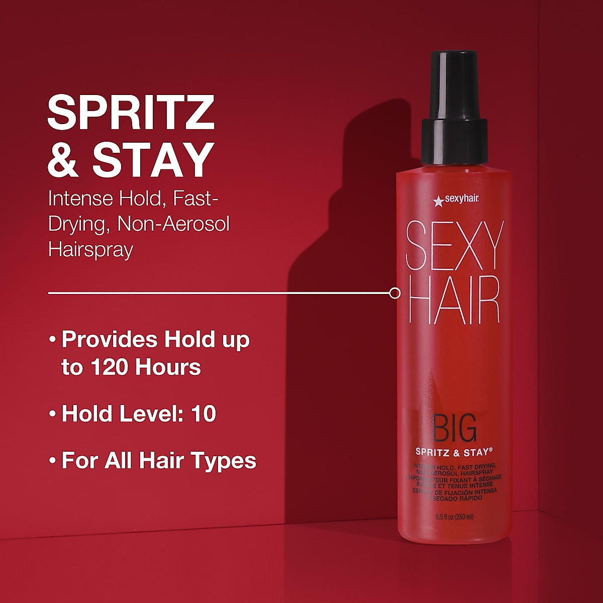 SexyHair Big Spritz & Stay Intense Hold Non-Aerosol Hairspray, 8.5 Oz, Max Hold and Shine, Fast Drying, All Hair Types