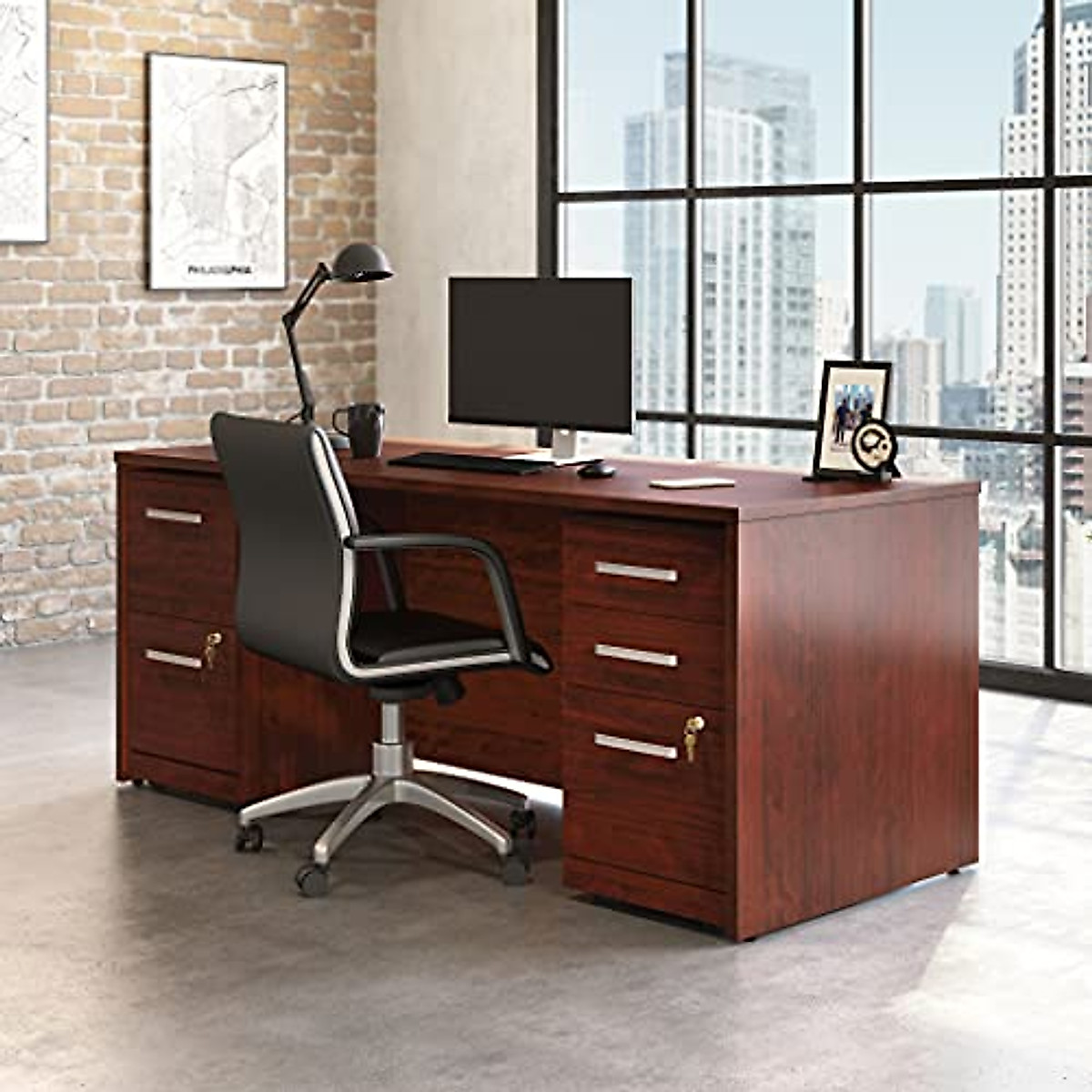 OfficeWorks by Sauder Affirm 72 X 30 Shel 2&3drwr Peds Ste, L: 71.10" x W: 29.53" x H: 29.29", Classic Cherry Finish
