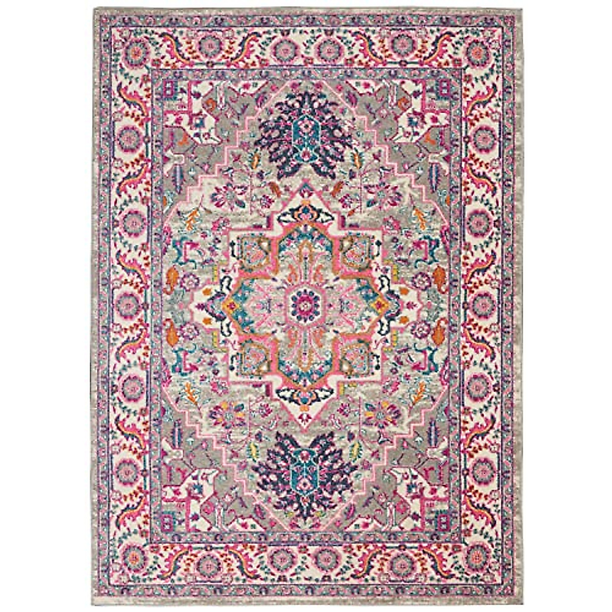 Nourison Passion Bohemian Light Grey/Pink 5'3" x 7'3" Area -Rug, Easy -Cleaning, Non Shedding, Bed Room, Living / Dining Room, Kitchen (5x7)
