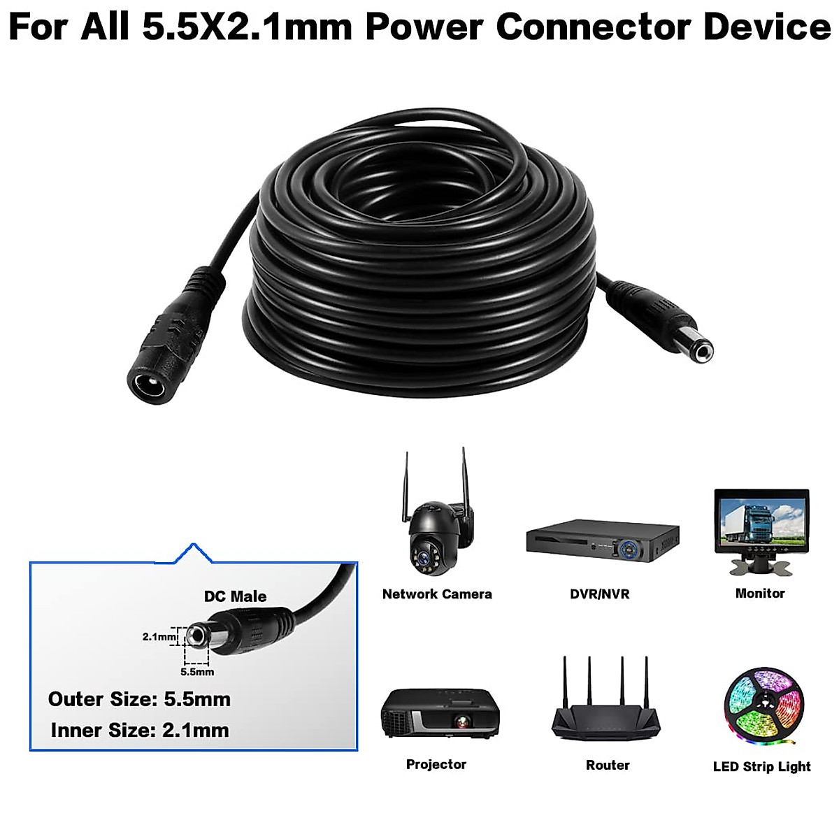 Vanxse Dc 12v CCTV Power Extension Cable 2.1x5.5mm for CCTV Security Camera WiFi IP Surveillance Camera NVR Dvr LED Strip Router Christmas Light (20Meters-65FT)