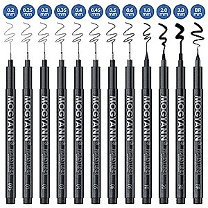 Mogyann Drawing Pens Black Art Pens for Drawing 12 Size Waterproof Ink Pens for Artists Sketching, Manga, Writing