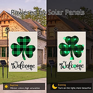 St Patricks Day Garden Flag Shamrock LED Lighted Welcome Buffalo Plaid Yard Outdoor Decoration Vertical Double Sized Burlap Spring Holiday Decor 12.5 x 18 Inch