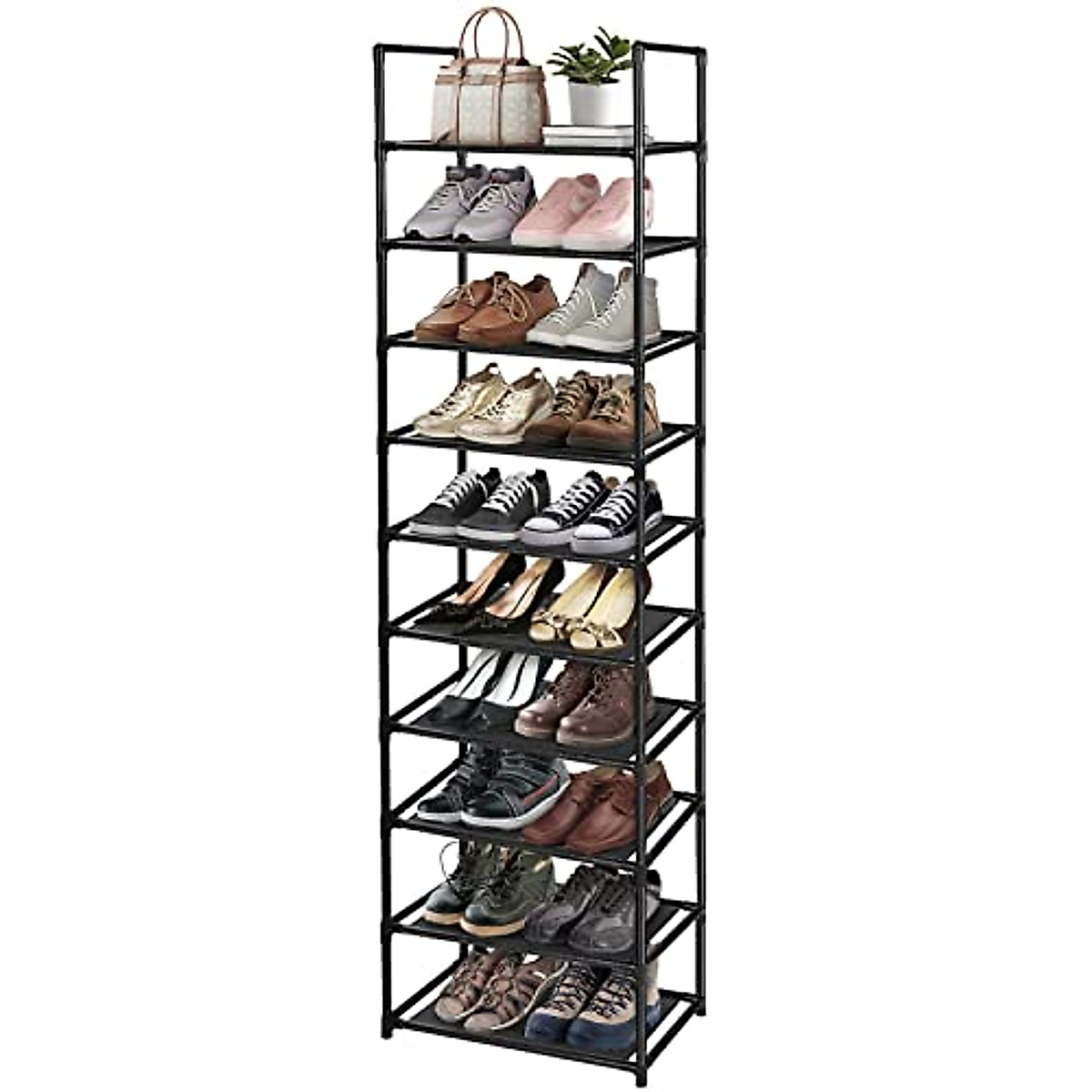 10 Tiers Shoe Rack, 20 Pairs Tall Shoe Storage Organizer Stackable Narrow Metal Stand Shelf for Closet Entryway Hallway, Black