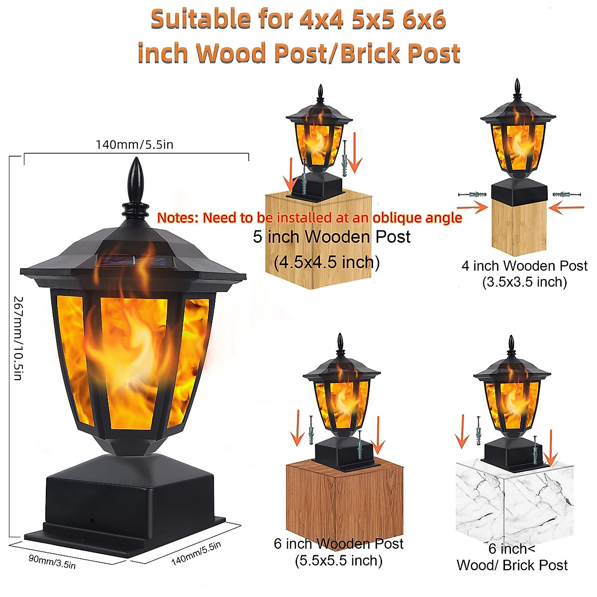 Dynaming Solar Flame Post Lights Outdoor, Solar Powered Lamps Fence Post Cap Lights, Flickering Flame LED Lantern Decorative Waterproof for Garden Deck Patio, Fit 4x4, 5x5 or 6x6 Wooden Posts, 2 Pack
