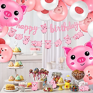 36 Pcs Pig Birthday Party Decorations Pink Pig Farm Animal Birthday Banner Piggy Latex Balloons Jumbo Pink Pig Head Foil Balloons for Piggy Baby Shower Decorations Pink Farm Themed Party Supplies