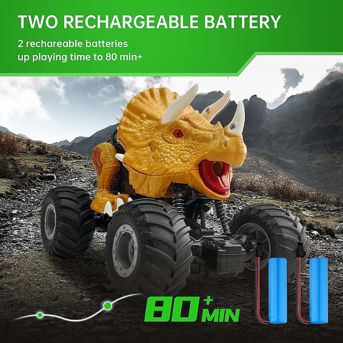 Pamopamo RC Monster RC Cars 1:18 Triceratops Dinosaur Racing Car Remote Control Car with Music,Led Lights,Spray Mist,Roaring Sound,4WD 2.4 GHz RC Monster Truck for Boys Girls Christmas