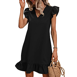 SOLY HUX Summer Dresses for Women V Neck Cap Sleeve Ruffle Hem Smock Short Dress Solid Black M
