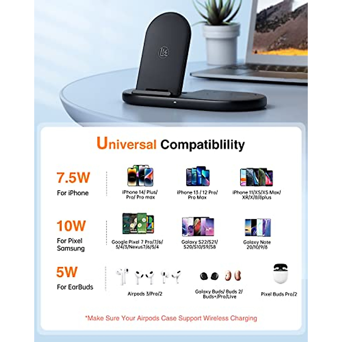 LK Wireless Charging Station, 2 in 1 Wireless Charger for Apple Charging Pad for iPhone 14 Pro/14/13 Pro/13/12, Google Pixel 7 Pro, Samsung S23 Plus Ultra/S22/S21/S20, AirPods/Galaxy Buds(No Adapter)