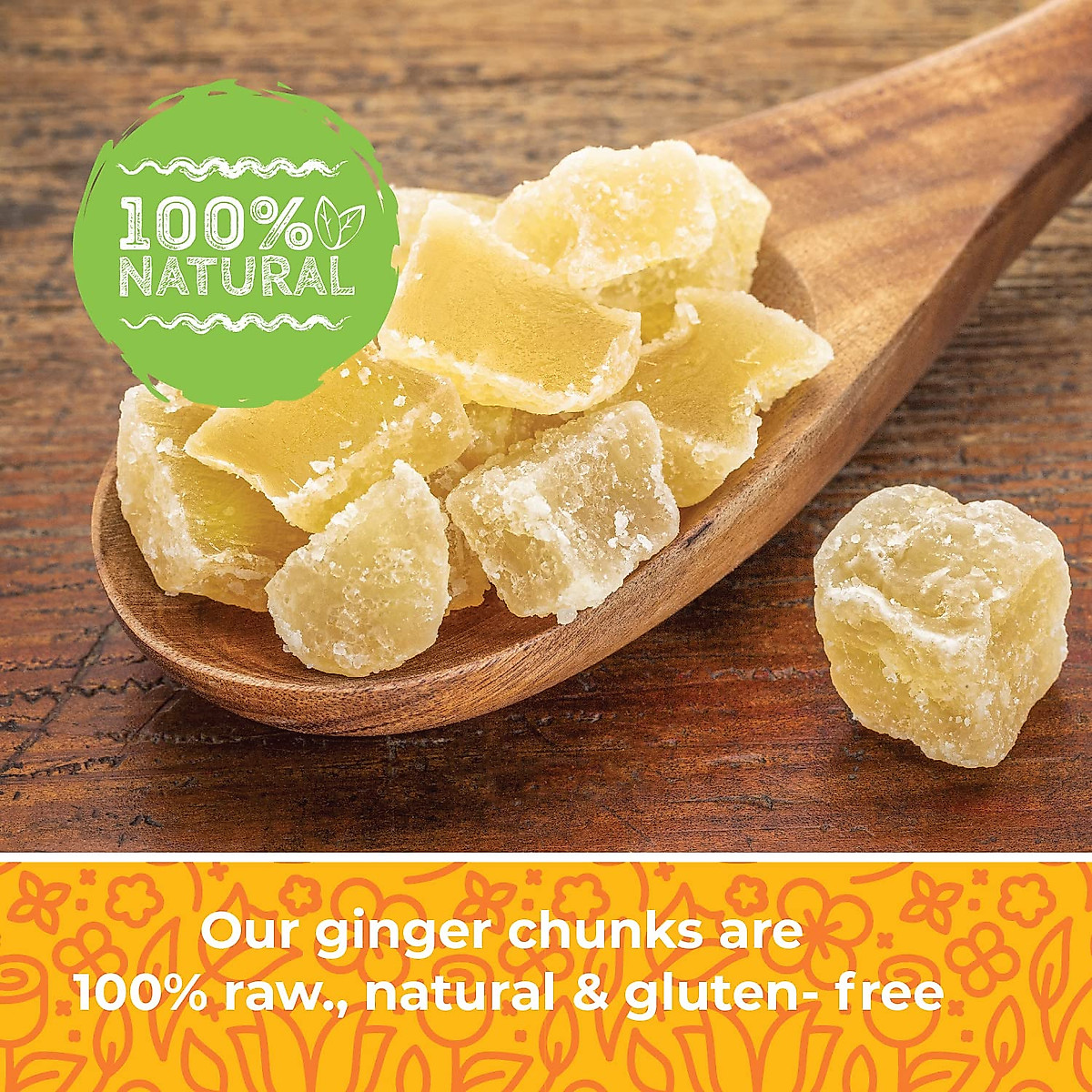 Dried Crystallized Ginger Chunks, 16 oz. Unsulphured Dried Ginger Candy, Candied Ginger Chunks, Caramelized Ginger Chews Candy, Unsulphured Crystalized Ginger Pieces. All Natural, Non-GMO, 1 Pound.