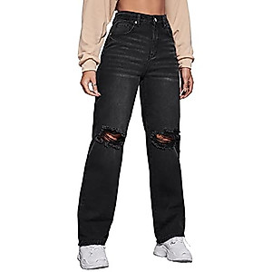 SweatyRocks Women's High Waist Ripped Jeans Distressed Raw Hem Denim Pants Solid Black M