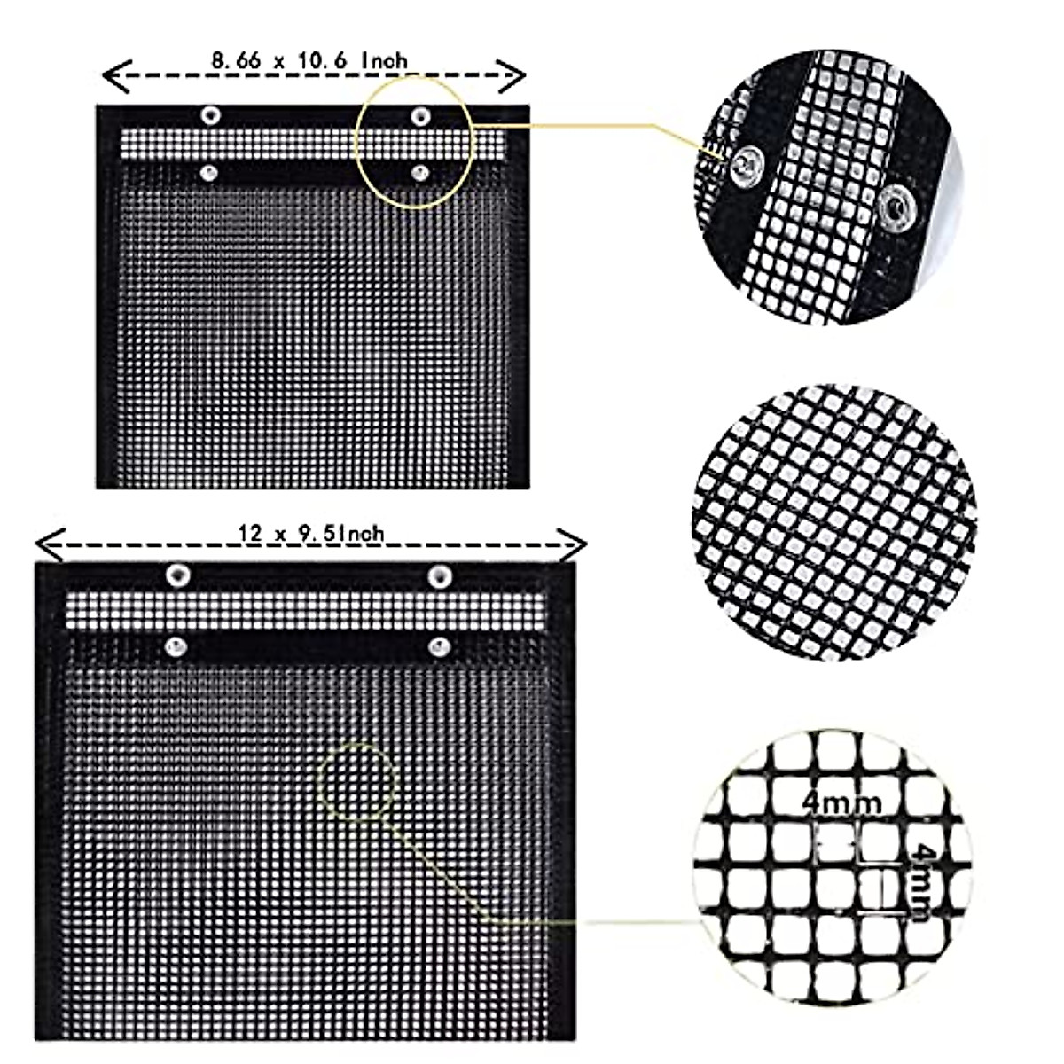 Hylfenis BBQ Mesh Grill Bags for Outdoor Grill, 2PACK Non-Stick Mesh Bags for Grilling,12 x 9.5Inch, 8.66 x 10.6 Inch-Charcoal,For Pellet Smoker BBQ Grilling